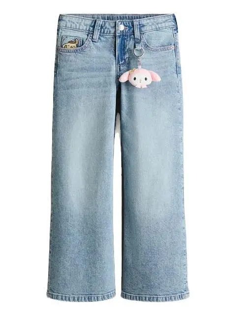 H&m Loose Fit Wide Leg Jeans With Motif Details - Denim Blue/my Melody