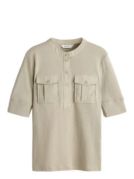 H&m Pima Cotton Henley Shirt With Band Collar And Chest Pockets - Beige