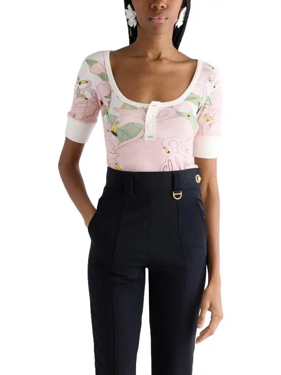 Chloé Flamingo Print Rib Jersey Henley - Iconic Milk