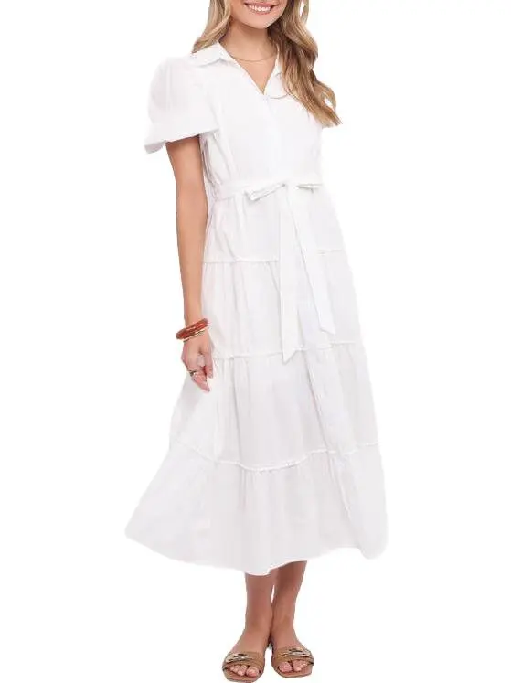 PETAL & PUP Louella Tie Waist Tiered Maxi Shirtdress - White