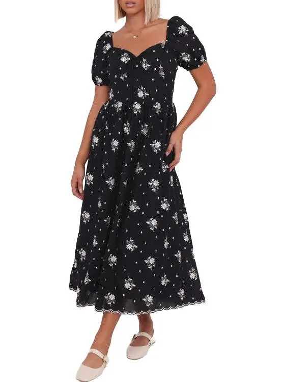 PETAL & PUP Rosemarie Embroidered Puff Sleeve Midi Dress - Black Floral