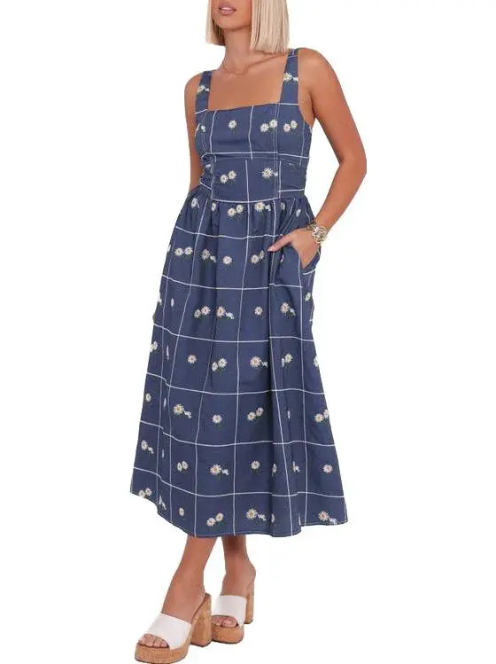 PETAL & PUP Yolanda Embroidered Sleeveless Midi Dress - Blue Floral