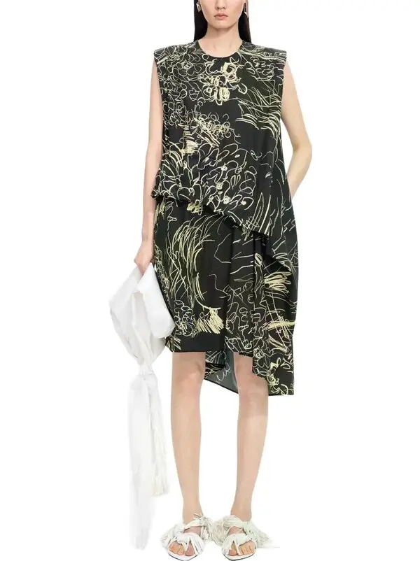 JNBY Hand-drawn Floral Print Asymmetric Hem Dress - Black