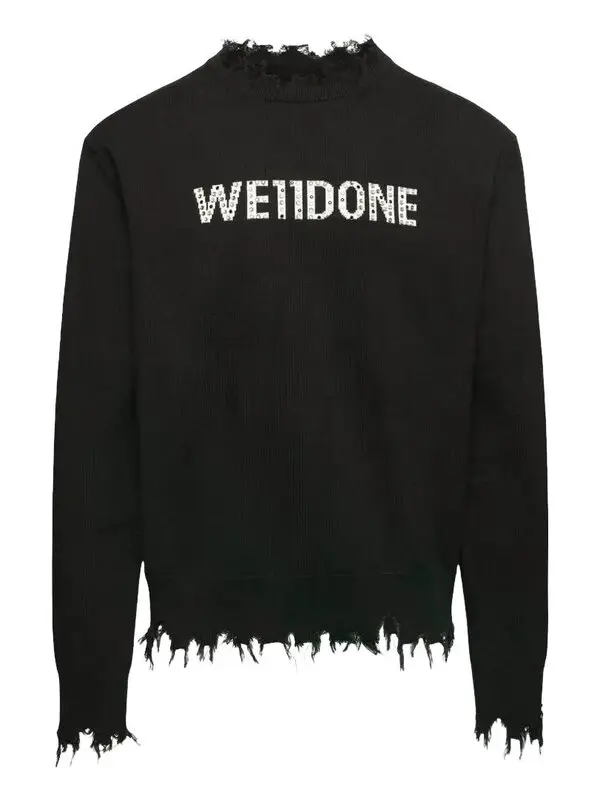 We11Done Rhinestone Embellished Distressed V-neck Sweater - Black