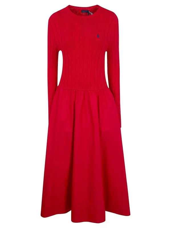 Polo Ralph Lauren Cable Knit Sweater Dress With Cotton Poplin Skirt - Red