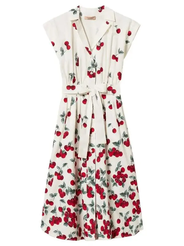 TWINSET Cherry Print Cotton Shirt Dress - White