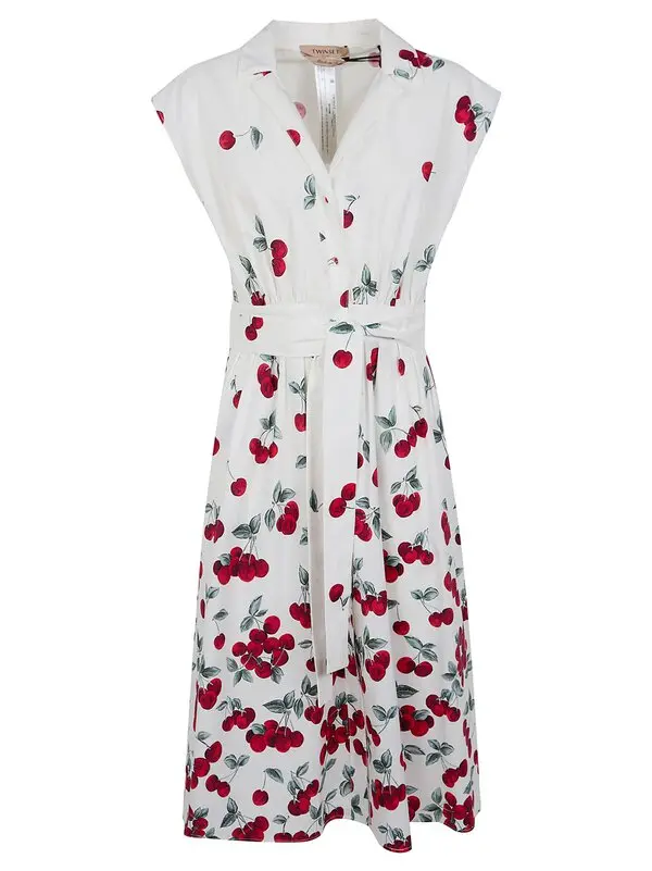 TWINSET Cherry Print Cotton Shirt Dress - White
