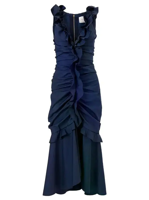 Carolina Herrera Ruched Ruffle Midi Dress - Blue