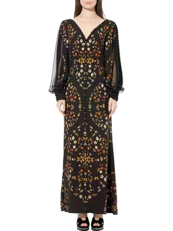 Alexander McQueen Obsidian Print V-neck Long Sleeve Maxi Dress - Black