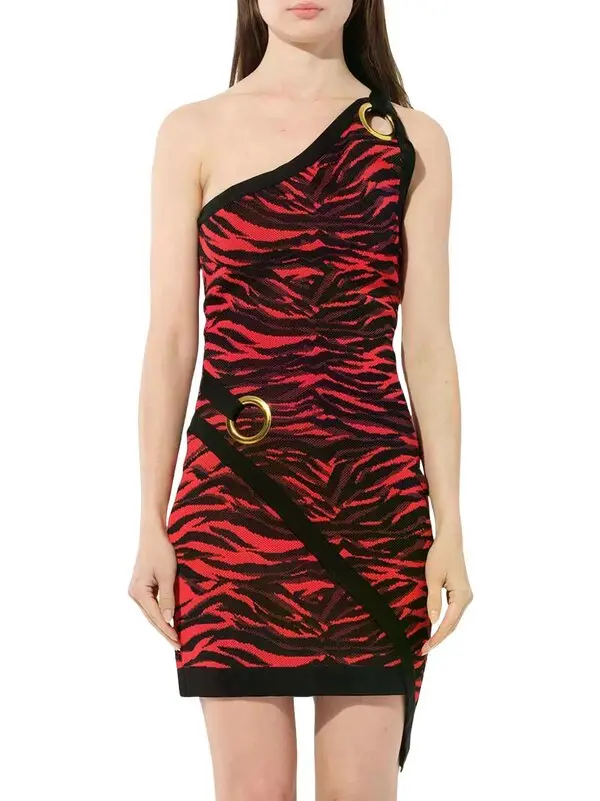 Balmain Tiger Print One-shoulder Dress - Red
