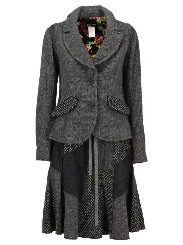 Sonia Rykiel Paris Patchwork Herringbone Jacket And Skirt Set - Grey