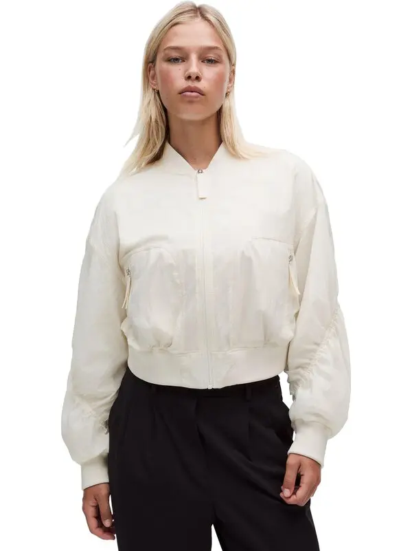 Lululemon Cropped Bomber Jacket With Ruched Detailing - Light Ivory