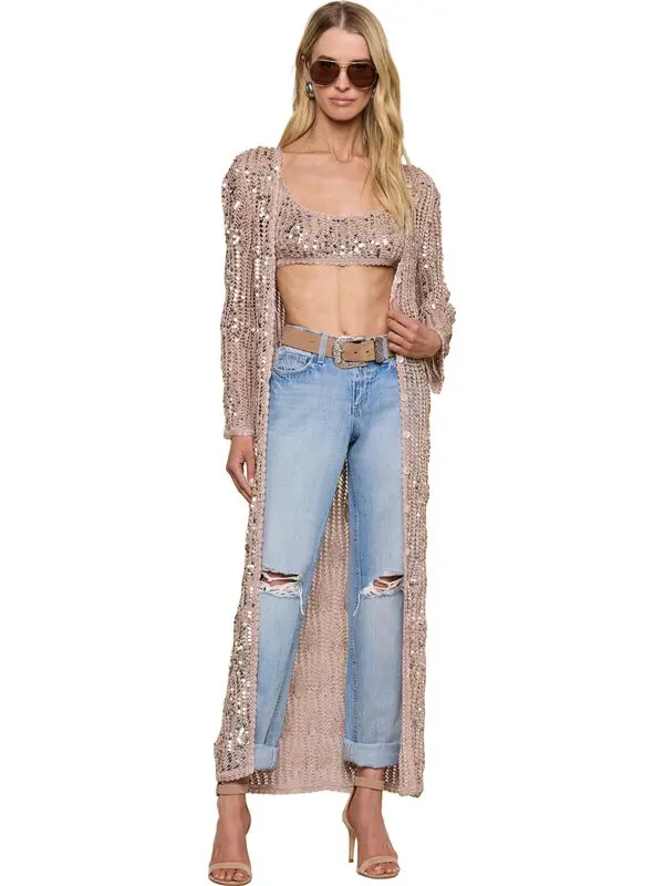 L'Agence Sanya Sequined Crochet Longline Cardigan - Misty Rose/sequins