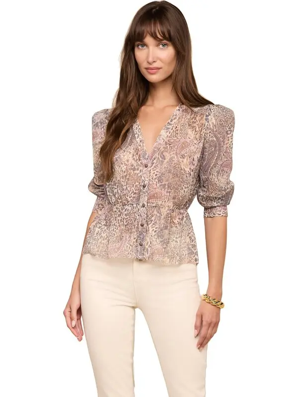 L'Agence Suri Puff Sleeve Paisley Animal Print Chiffon Top - Tan/mauve Valencia Leopard