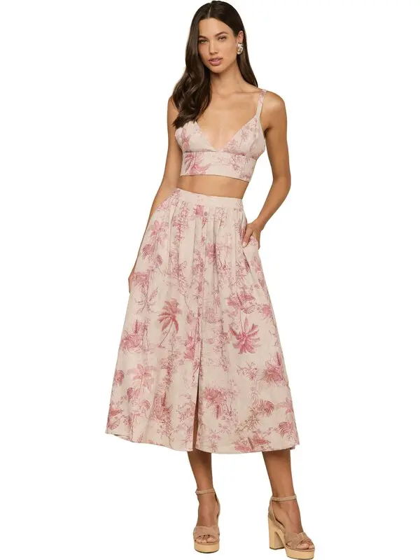 L'Agence Seina Linen Midi Skirt In Jungle Toile Print - Tan Multi Textured Jungle Toile