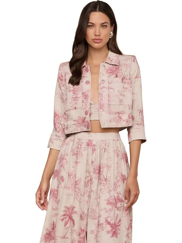 L'Agence Eda Cropped Linen Jacket In Textured Jungle Toile Print - Tan Multi Textured Jungle Toile