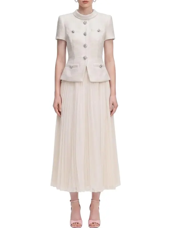 SELF-PORTRAIT Button Detailed Pleated Midi Dress - Cream