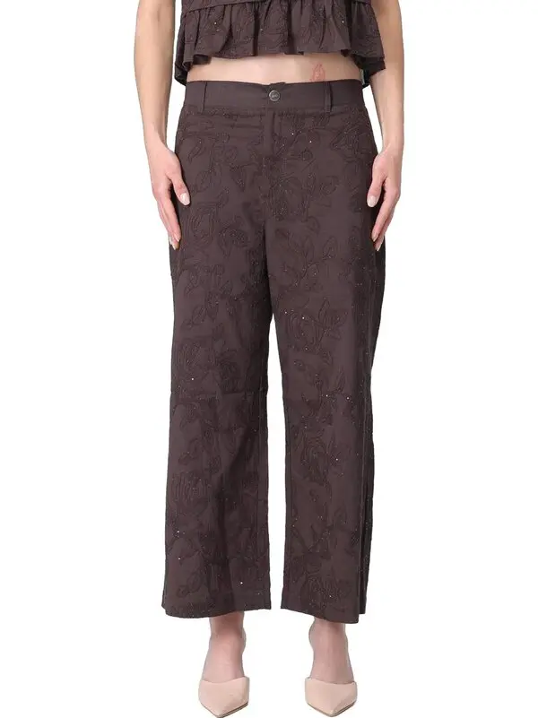 Liu Jo Embroidered Wide Leg Cropped Pants - Brown