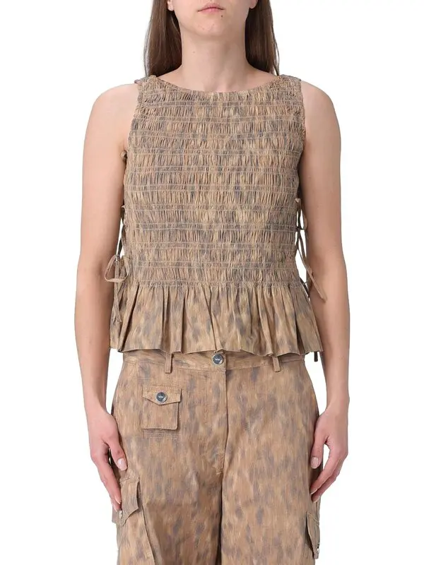 GANNI Ruched Peplum Top - Beige