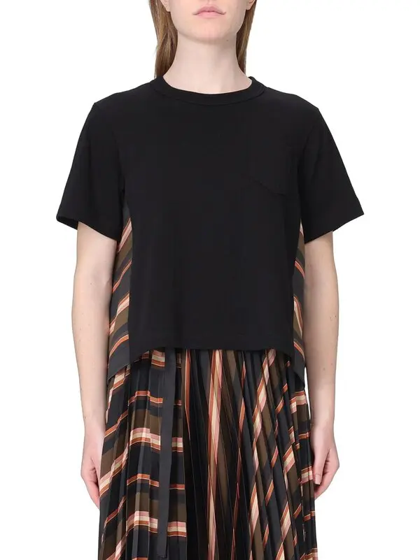 Sacai T-shirt With Paneled Stripes - Kaki