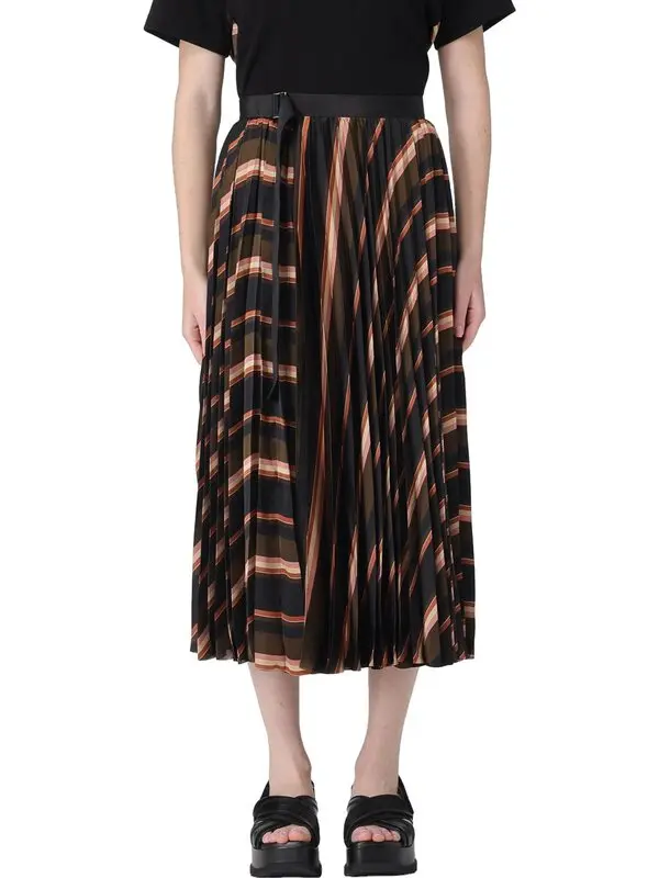 Sacai Pleated Stripe Midi Skirt - Kaki