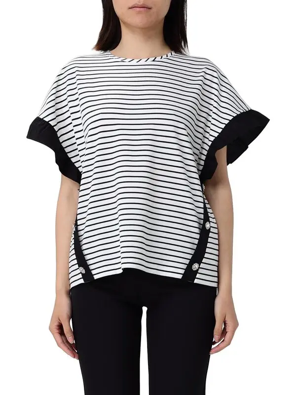 Liu Jo Striped T-shirt With Embellished Buttons - Black