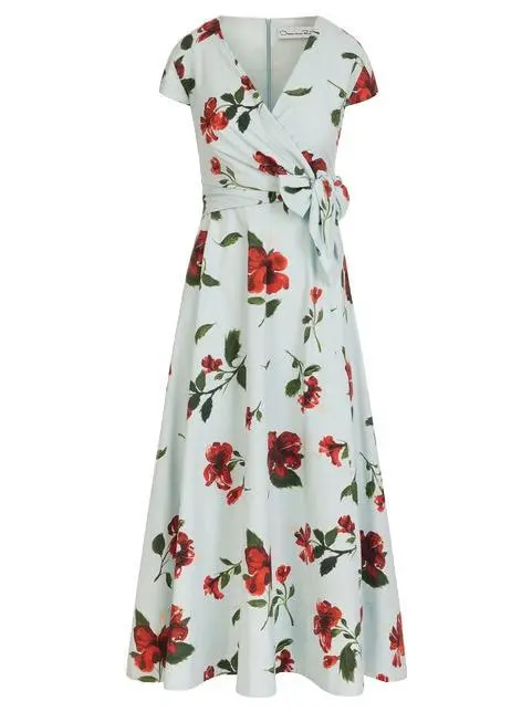 Oscar De La Renta Hibiscus Cotton Poplin Wrap Dress - Red