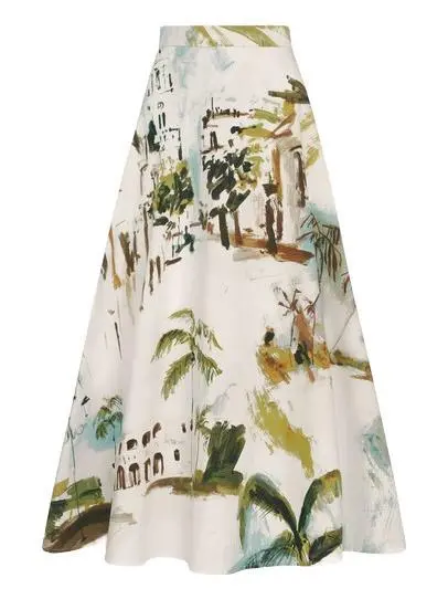 Oscar De La Renta Dominican Landscape Printed Cotton Poplin Skirt - Natural
