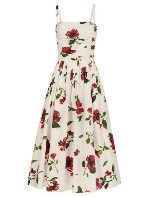 Oscar De La Renta Sleeveless Floral Cotton Poplin Dress - Red