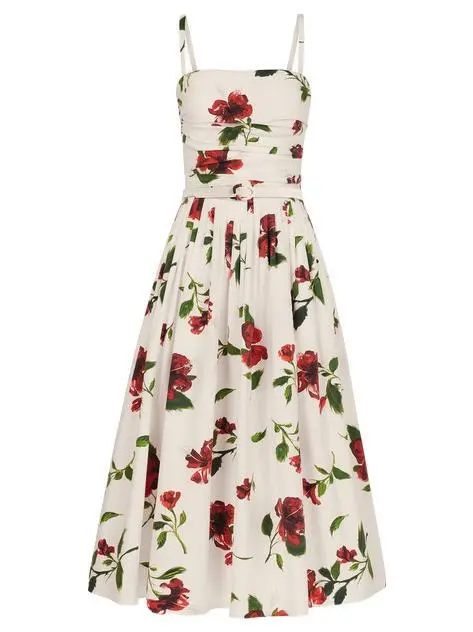 Oscar De La Renta Sleeveless Floral Cotton Poplin Dress - Red