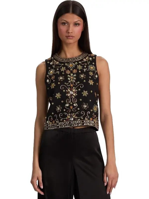 Alice + Olivia Amal Embellished Cropped Tank Top - Black