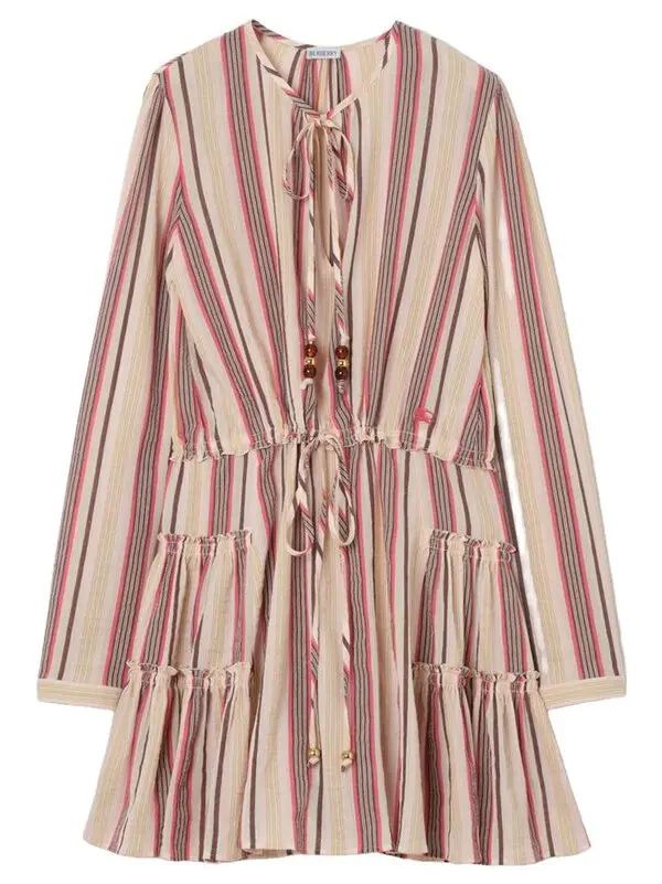 Burberry Striped Cotton Voile Mini Dress With Ruffles - Neapolitan Pink