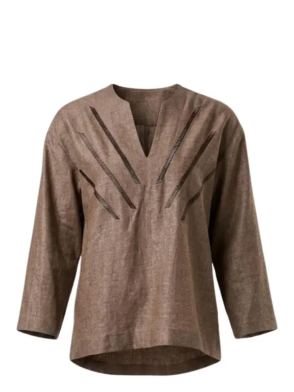 GLAM ON YOU Maven Top Linen V-neck Shirt - Brown