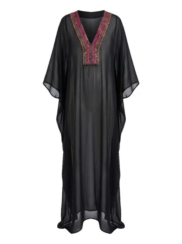 GLAM ON YOU Lydia Kaftan Silk Embellished V-neck - Black