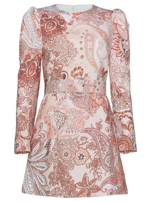 JUSTIN TONG Hazel Mini Dress Paisley Print Long Sleeve - Pink