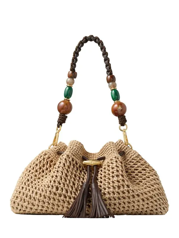 JIMMY CHOO Crochet Raffia Shoulder Bag - Natural/chocolate/gold