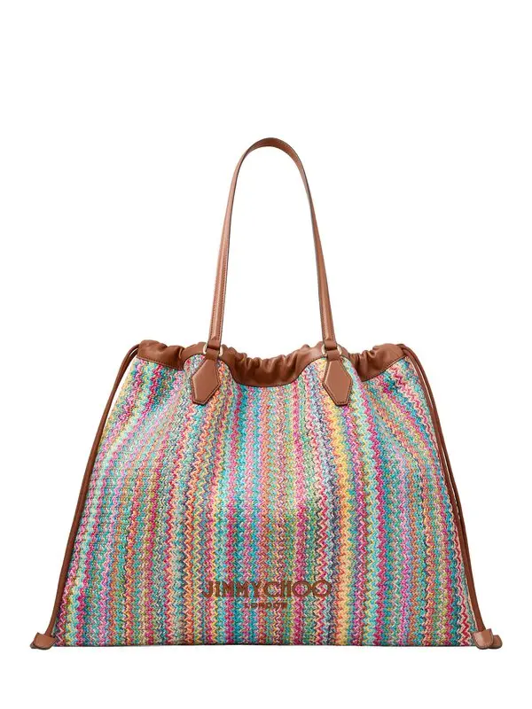 JIMMY CHOO Large Raffia Drawstring Tote - Multi/tan/light Gold