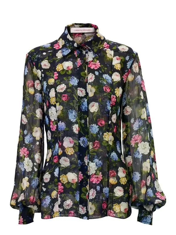 Carolina Herrera Floral Print Sheer Silk Chiffon Blouse - Blue