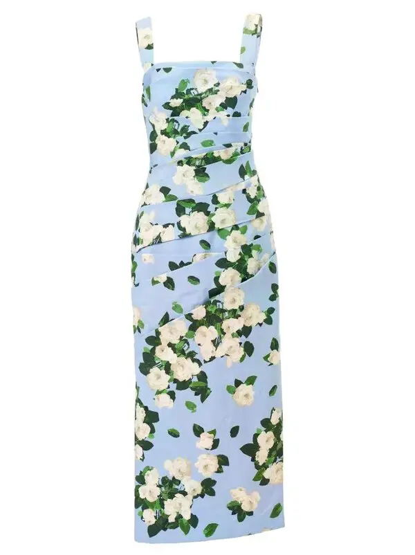 Carolina Herrera Rose Print Draped Midi Dress - Blue