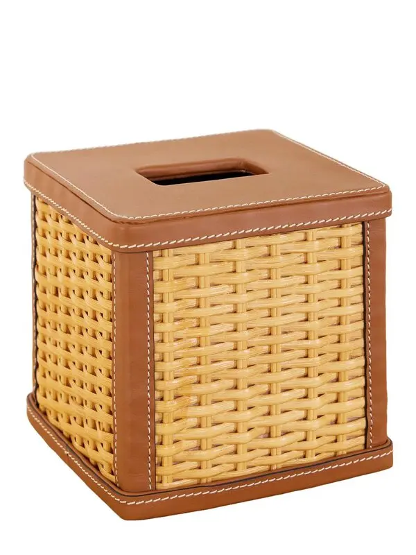 Ralph Lauren Bailey Woven Tissue Box With Leather Trim - Brown