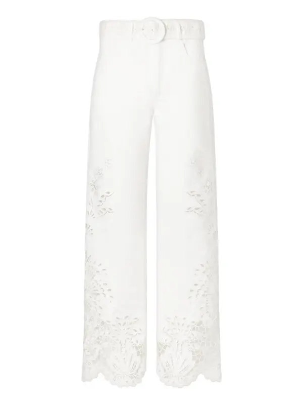 Farm Rio Belted Embroidered Straight-leg Jeans - Neutrals