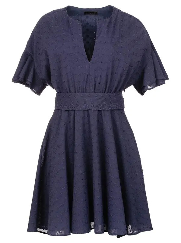 CONQUISTA Embroidered Ruffle Sleeve Dress - Blue