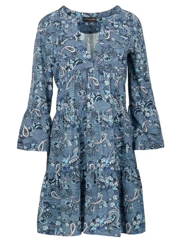 CONQUISTA Indigo Paisley Print A-line Dress With Bell Sleeves - Blue