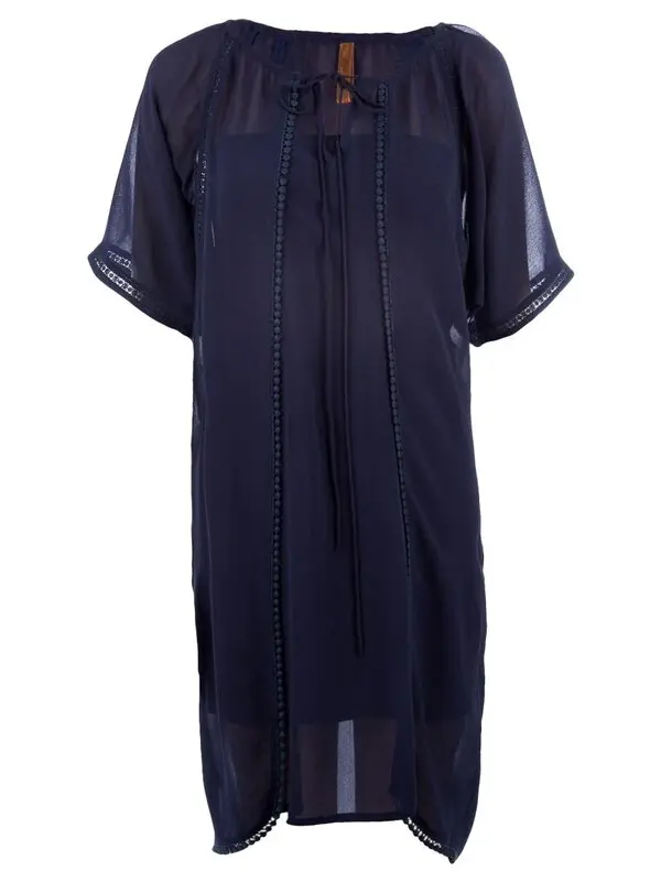 CONQUISTA Sheer Embroidered Tie Neck Dress - Blue