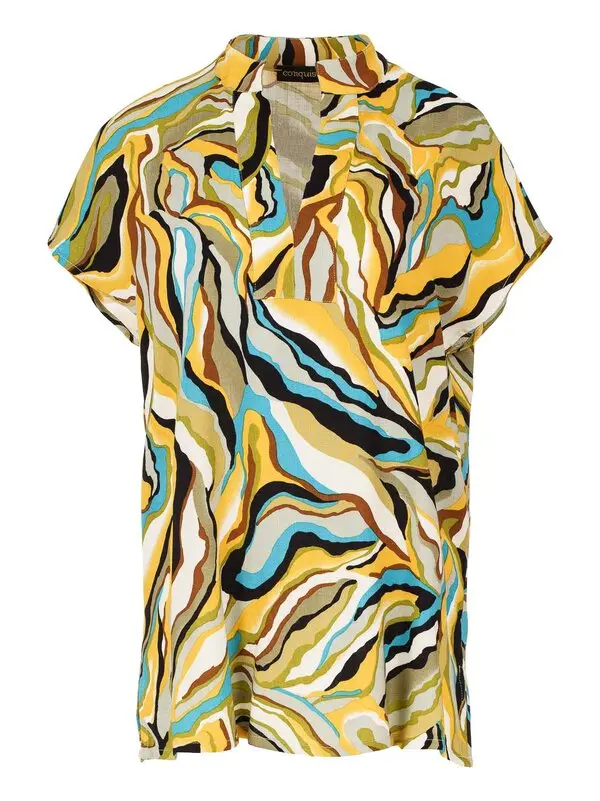 CONQUISTA Sleeveless Mandarin Collar Swirl Print Top - Blue
