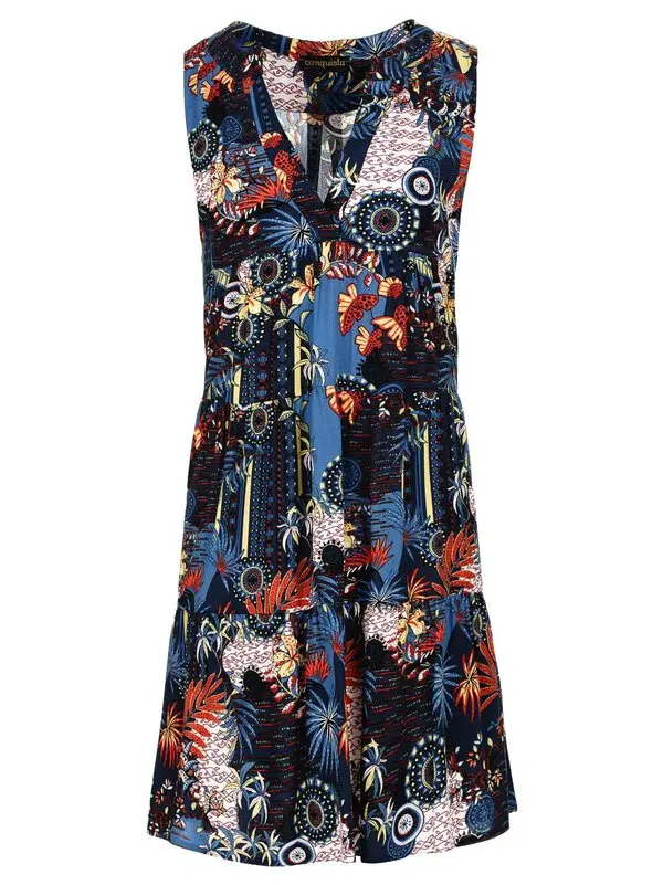 CONQUISTA Navy Flora Print Sleeveless A-line Dress - Blue