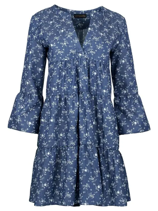 CONQUISTA Indigo Floral A-line Dress With Bell Sleeves - Blue