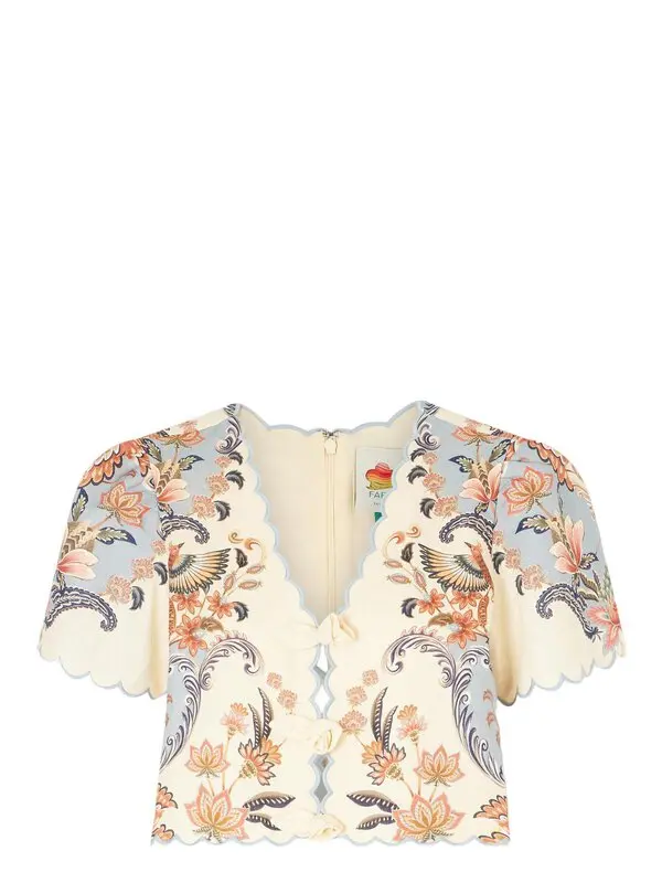 Farm Rio Cropped Floral-appliquéd Linen Top - Neutrals
