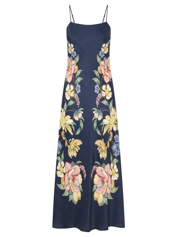 Farm Rio Maira Floral-print Satin Maxi Dress - Blue