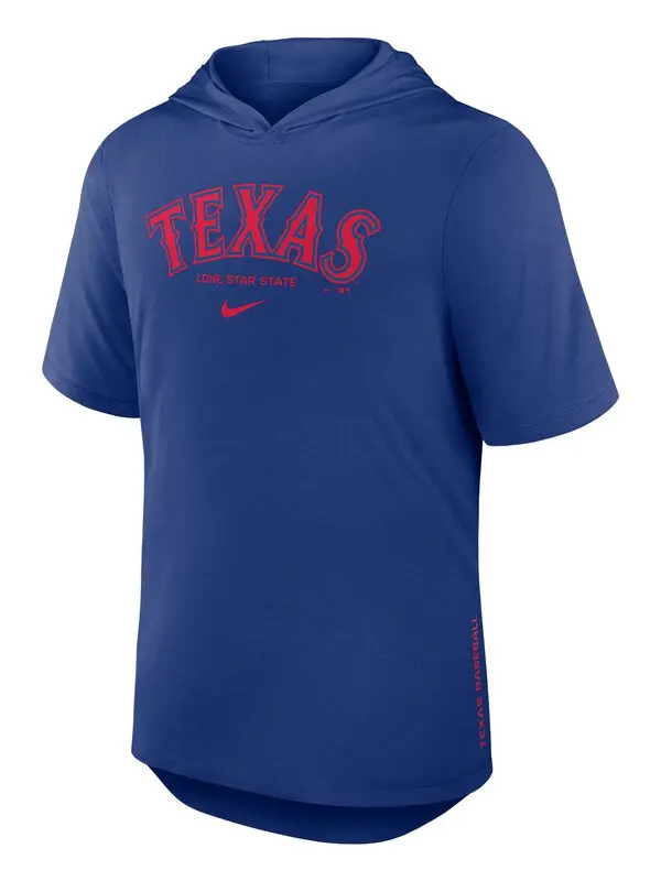 Nike Texas Rangers Arched Wordmark Dri-fit Mlb Hooded T-shirt - Blue